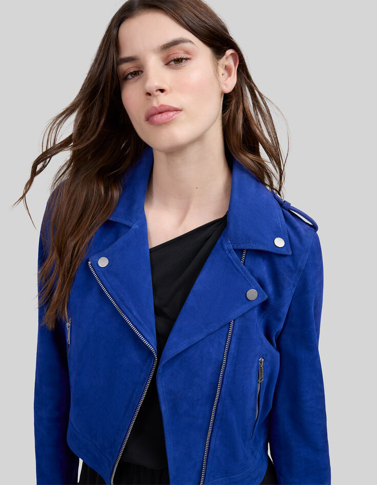 Blouson en cuir velours cobalt esprit motard Femme
