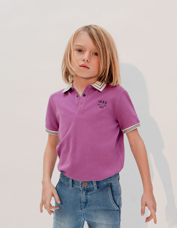Boys’ purple pique knit polo shirt with striped ribbing