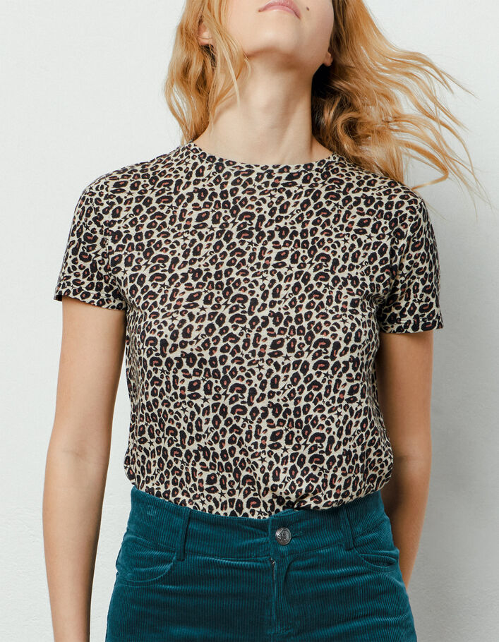 Tee-shirt motif léopard en viscose et lin femme