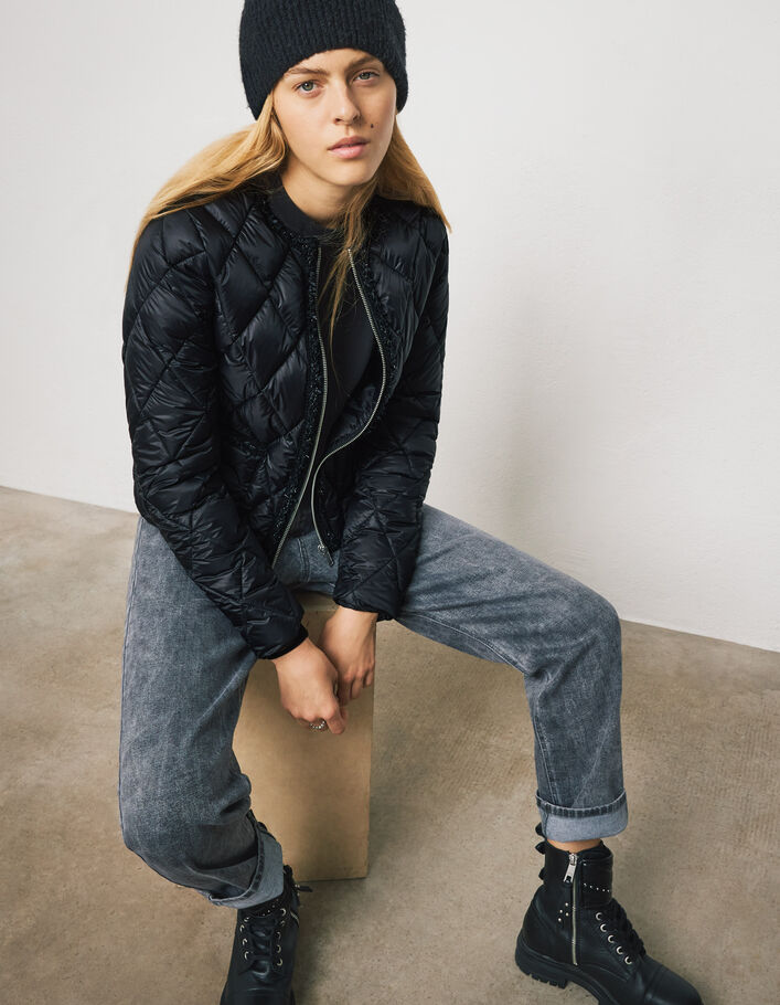 Women’s black quilted light padded jacket with braid