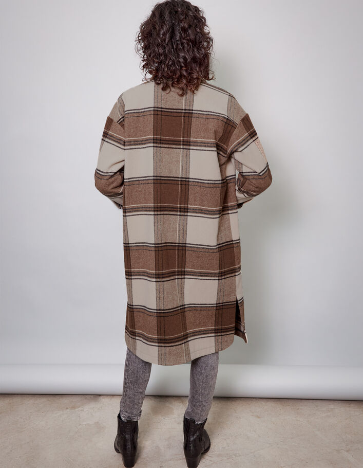 Women’s beige and black check overshirt-style long coat