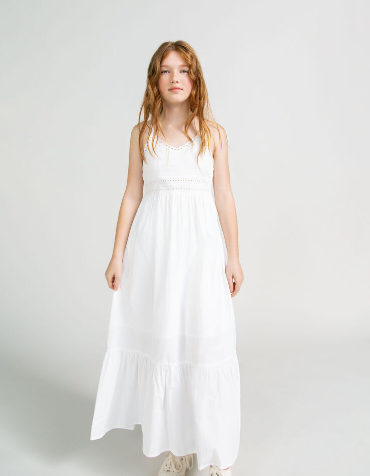 Girls’ white long dress with eyelet embroidery details