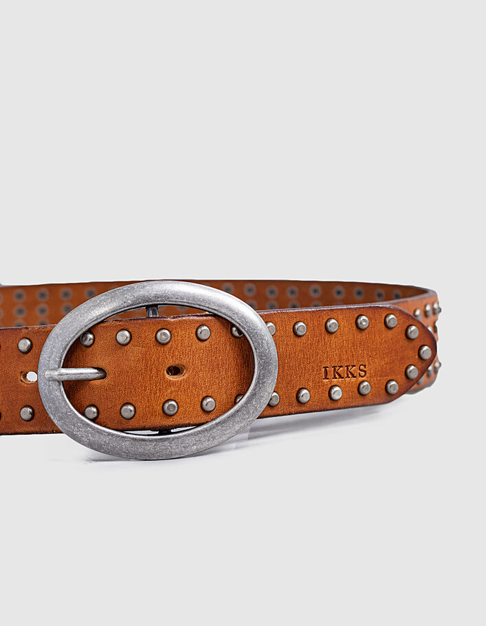 Women’s camel leather belt with metal buckle and studs