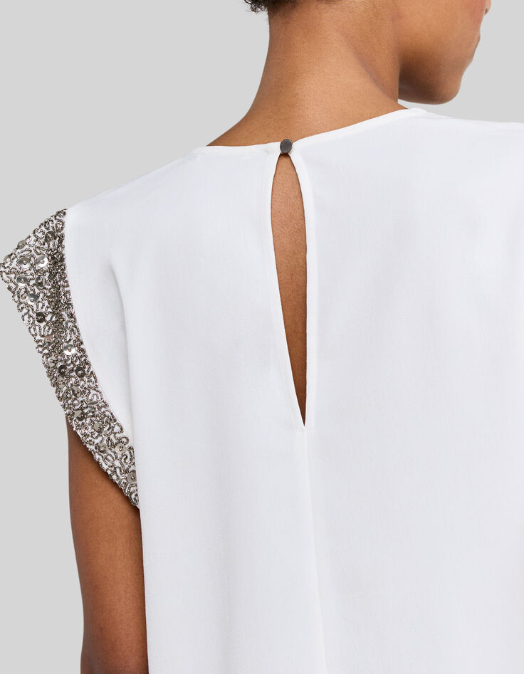Weiß Damen-Top Perlen- und Pailletten an den Ärmeln