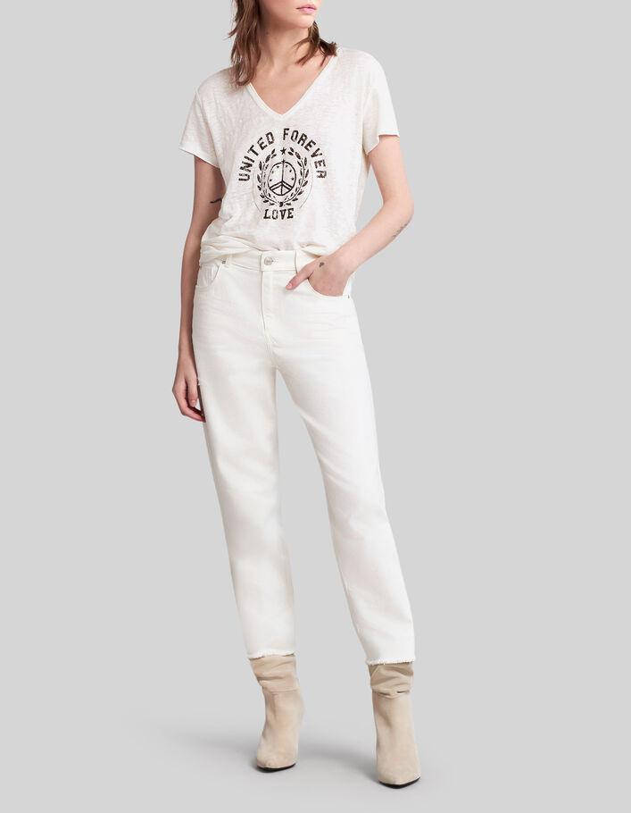 Damen-Boyfriend-Jeans in Offwhite mit Fransen