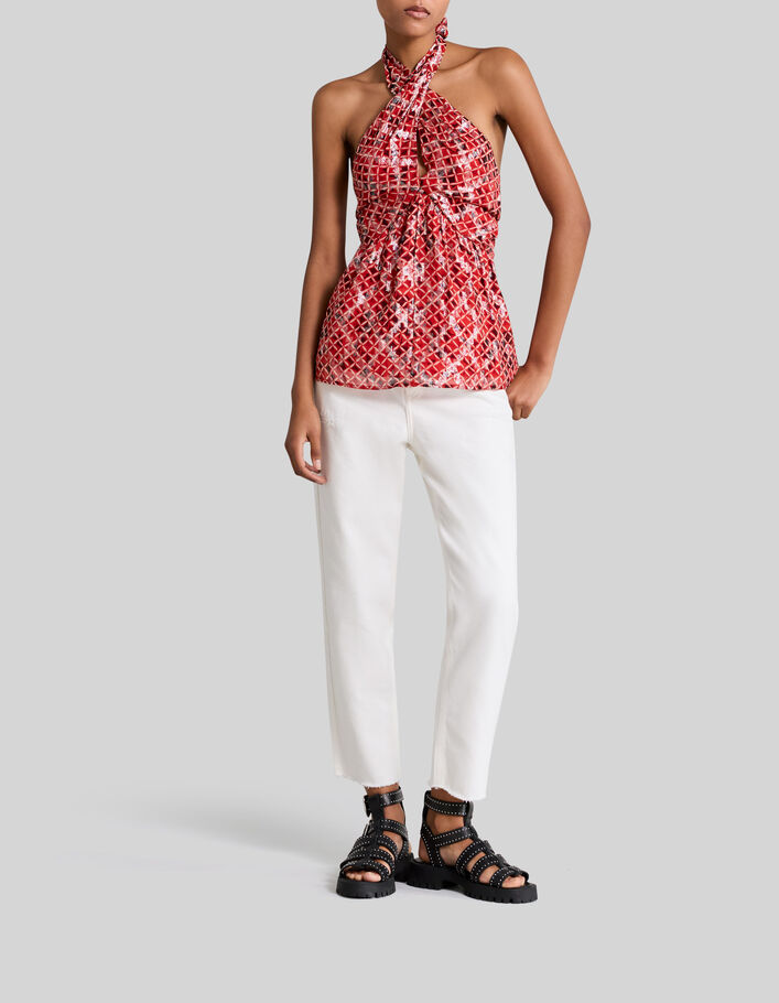 Women’s poppy red backless top with check print