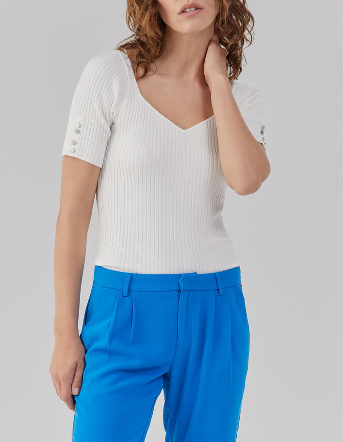 Pull blanc cassé en tricot côtelé à col carré en V Femme
