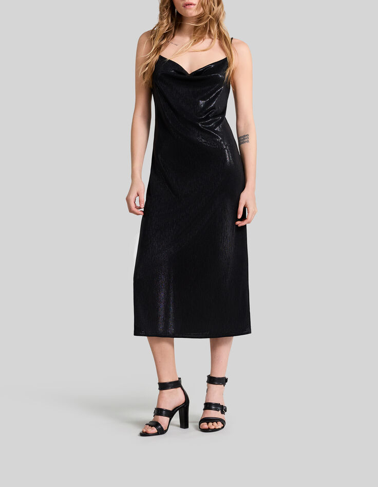 Robe midi noire lamée fines bretelles Femme