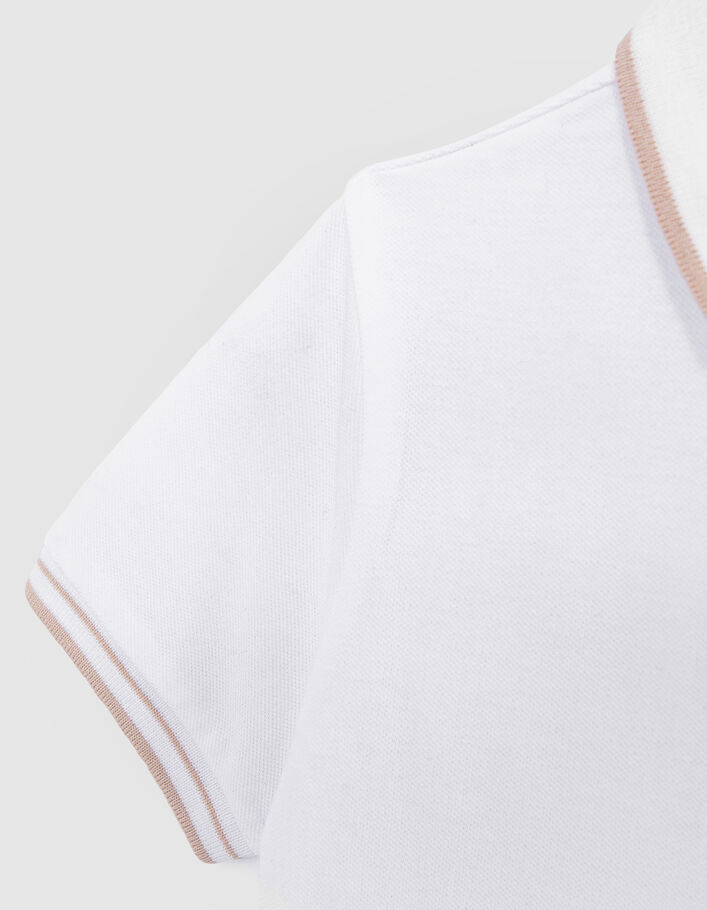 Boys’ white cotton polo shirt with striped ribbing