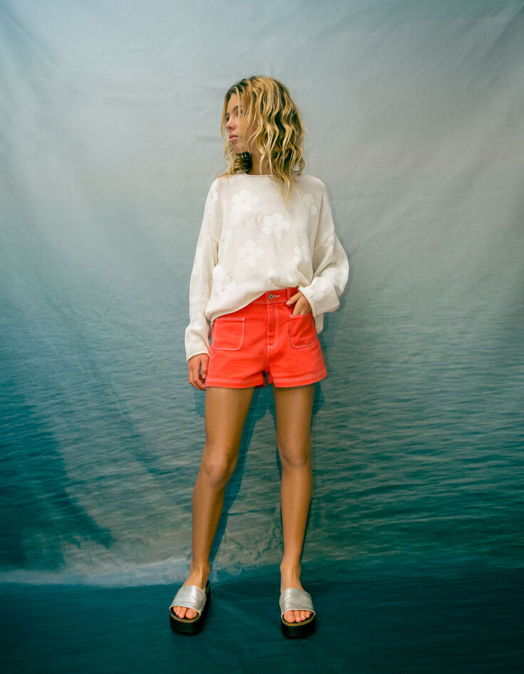 Girls’ ecru openwork knit sweater with flower motif IKKS