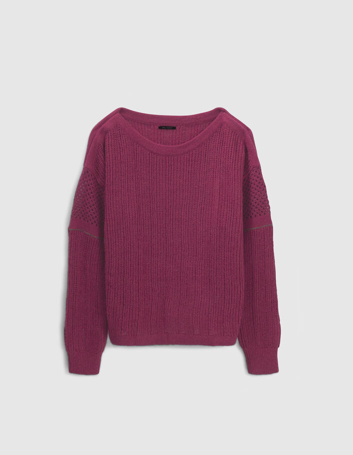 Women’s purple knit sweater with stitch detail and chains