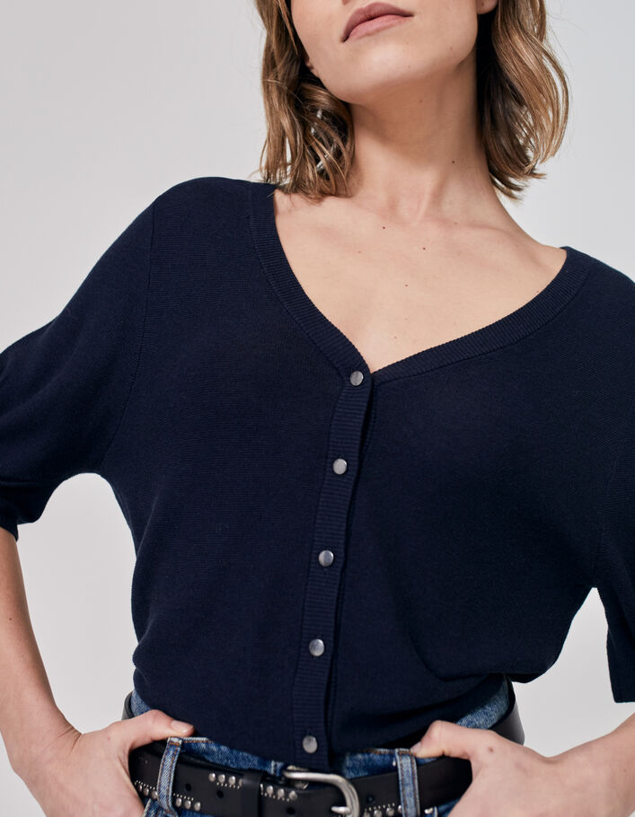 Pull marine tricot boutons dos réversible devant/dos femme