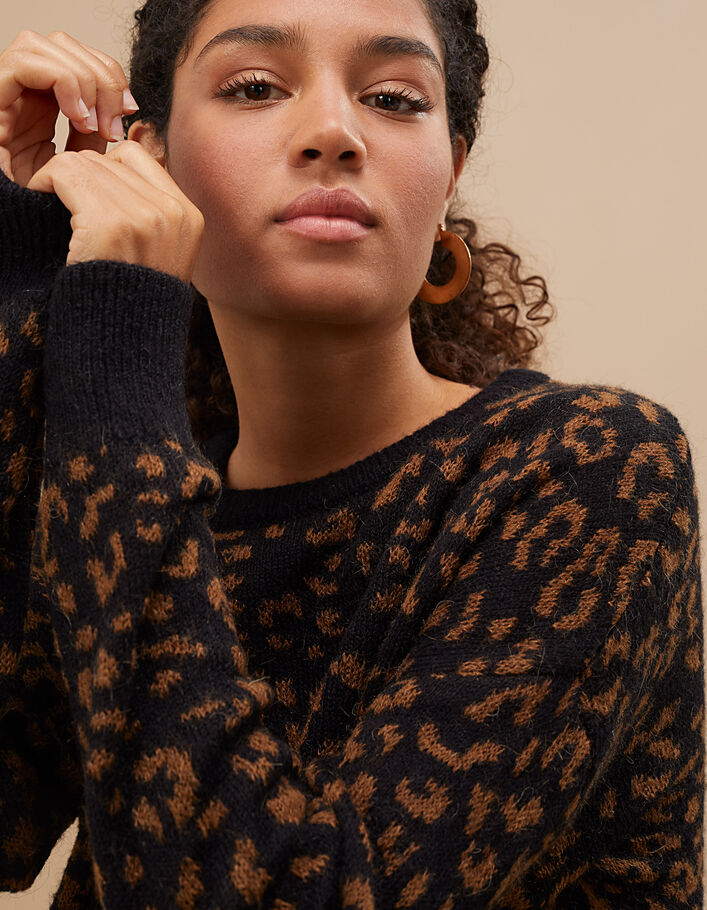 Pull noir tricot jacquard motif léopard I.Code