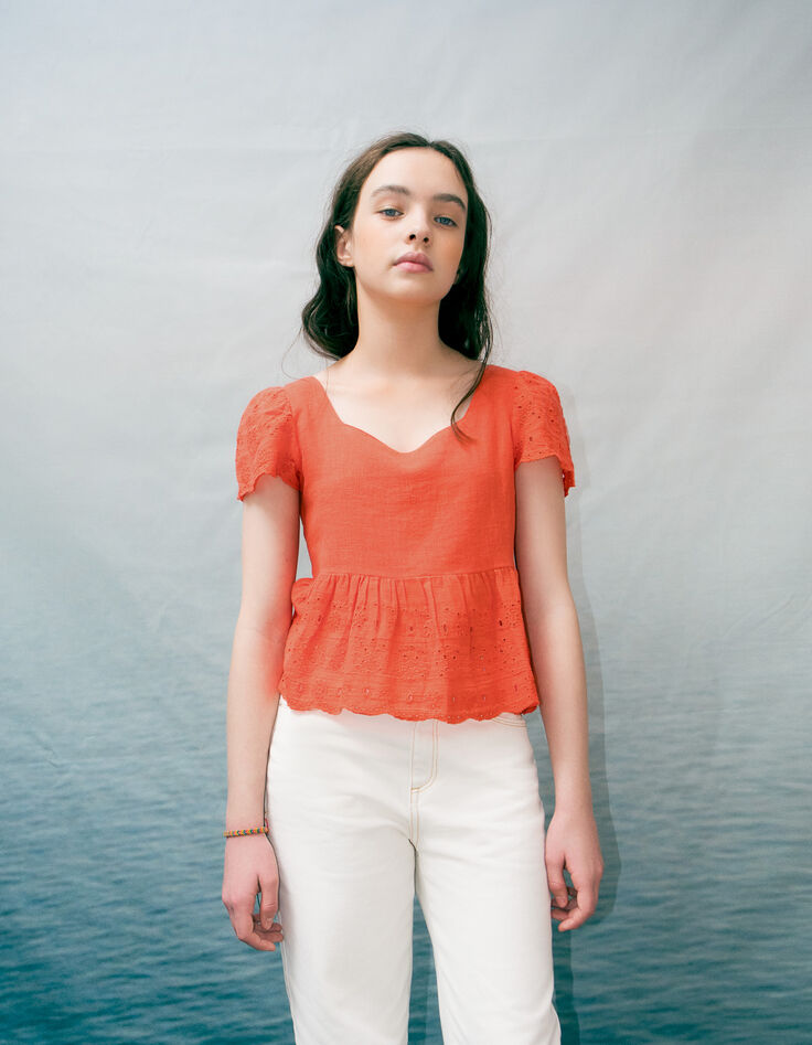 Girls’ red square neck top with eyelet embroidery
