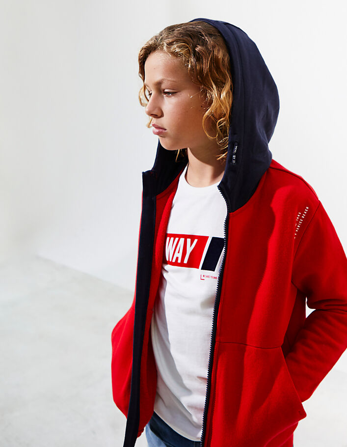 Boys' medium red cardigan with navy hood IKKS
