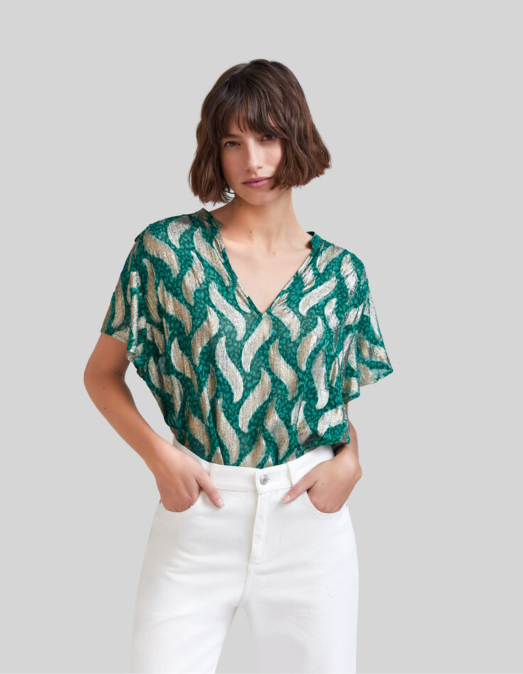 Women’s emerald top with gold leaf print