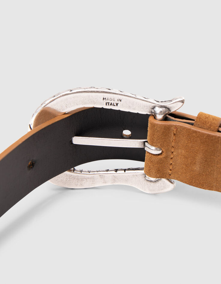 Women's beige suede belt with engraved python buckle IKKS