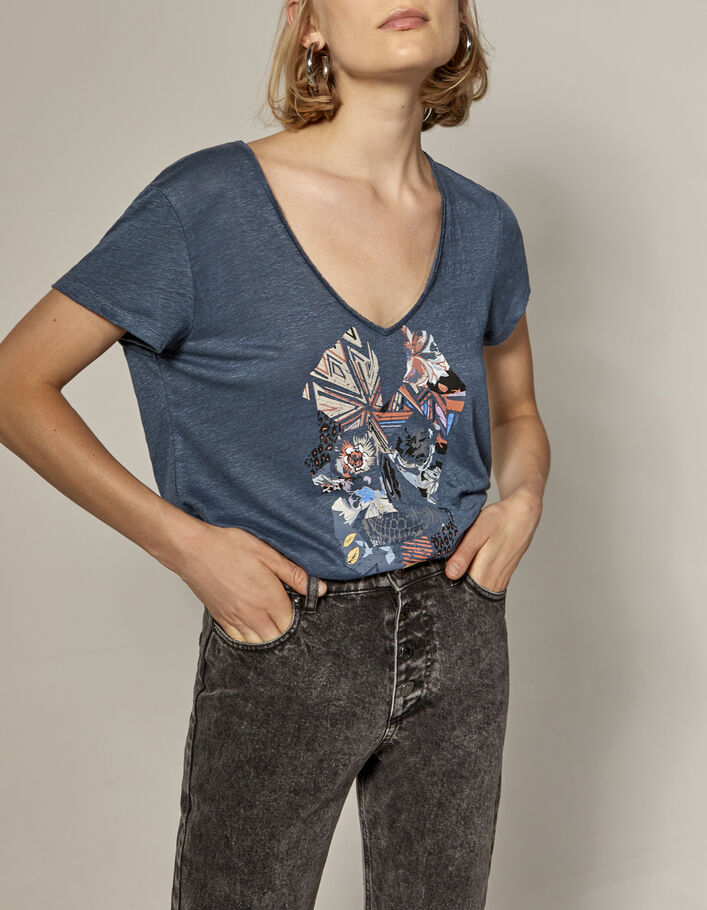 Tee-shirt en lin bleu gitane visuel tête de mort femme