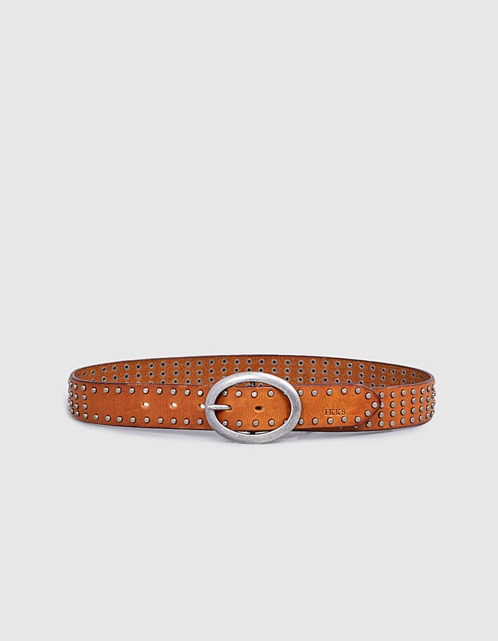 Women’s camel leather belt with metal buckle and studs