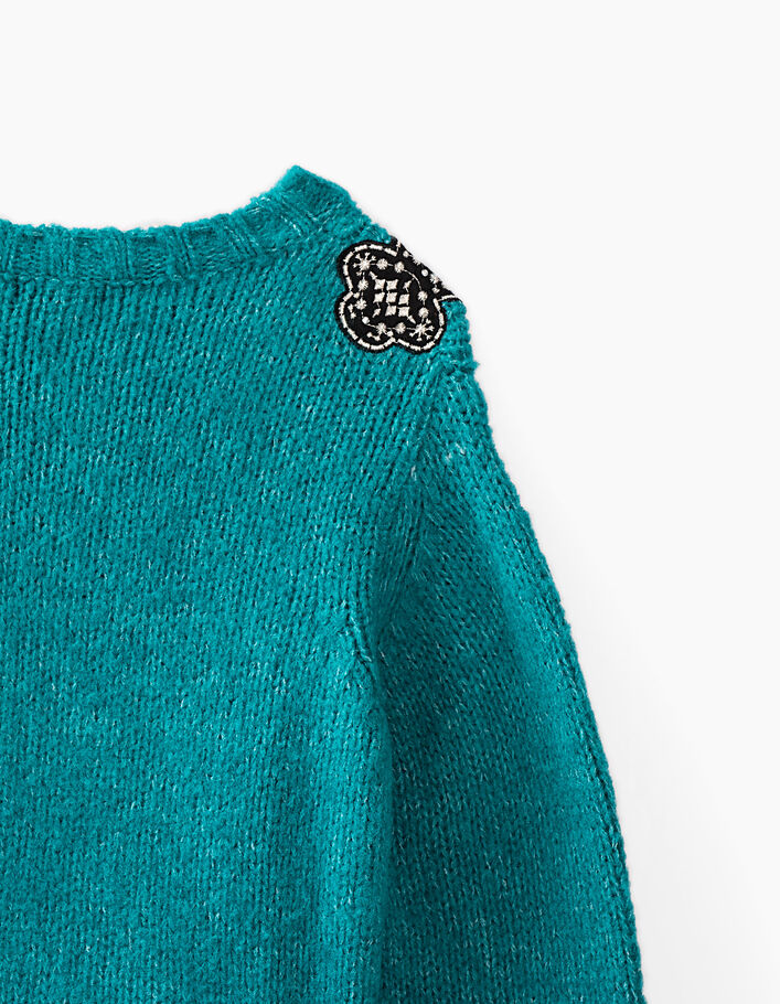 Girls’ teal blue embroidered shoulder patch knit sweater