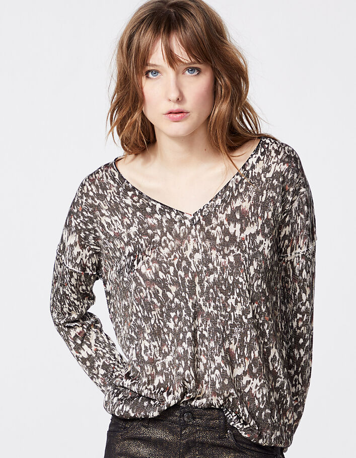 Women’s metallic feather-print viscose V-neck sweater