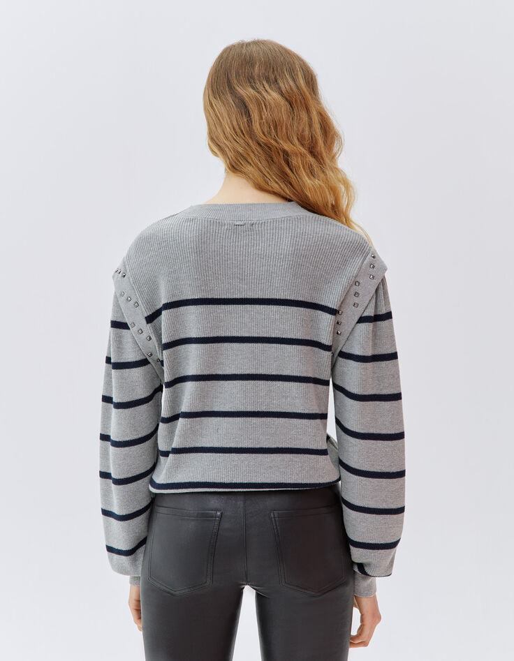 Pull gris tricot à rayures marine et clous Femme IKKS