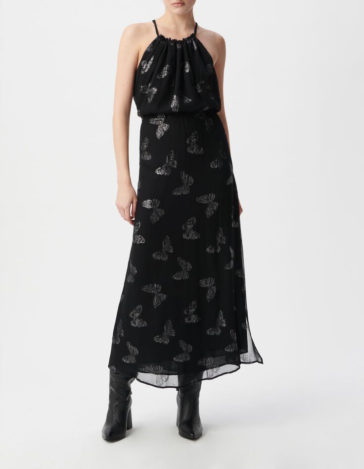 Robe longue noire jacquard lurex papillons Femme