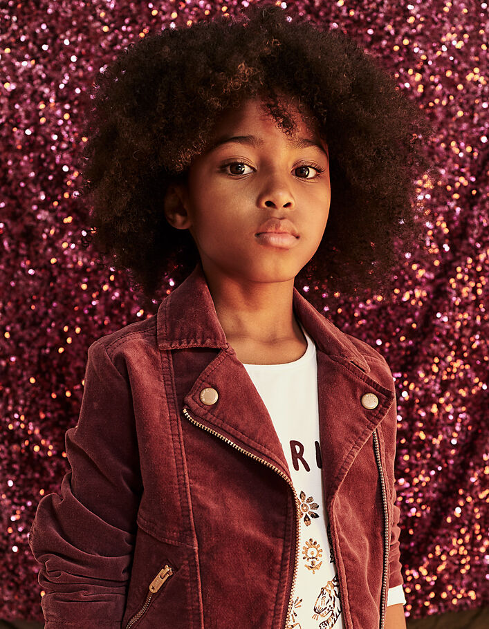 Veste prune en velours lisse esprit motard fille