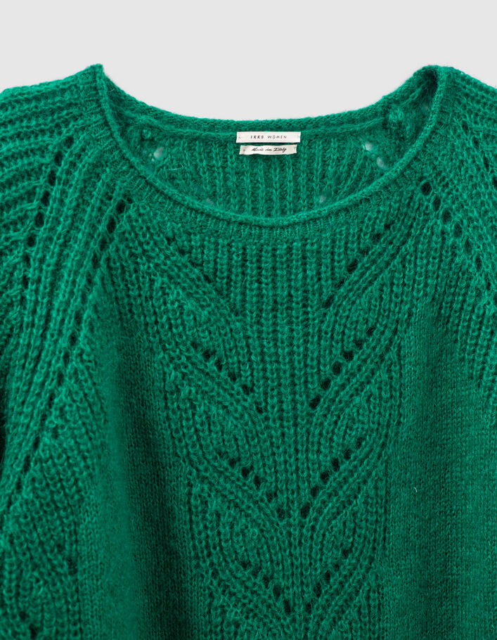 Pull en maille ajourée vert col roulotté femme