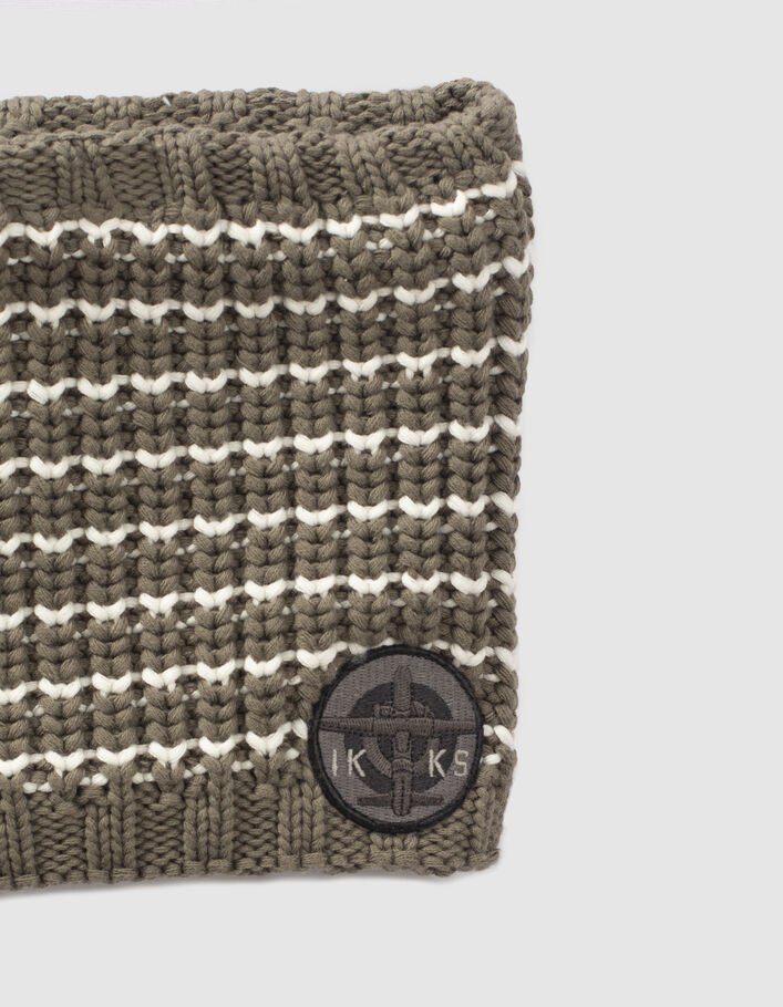 Boys’ khaki knit snood with white stripes