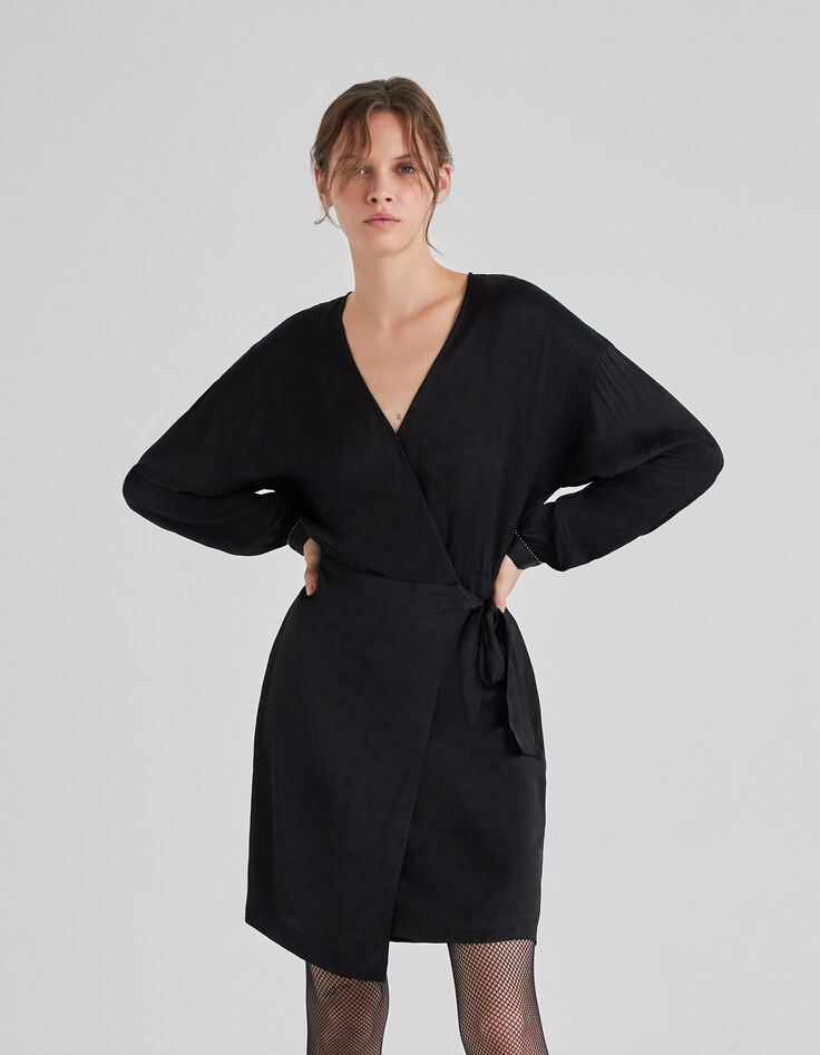 Women’s black rock motif jacquard wrap dress