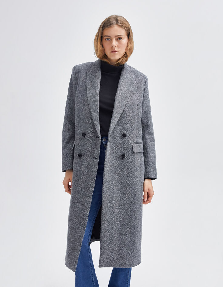 Women’s grey wool fabric chevron long coat