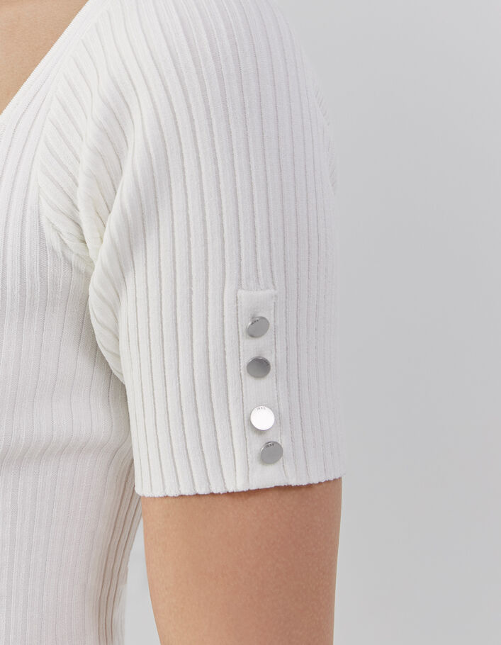 Pull blanc cassé en tricot côtelé à col carré en V Femme