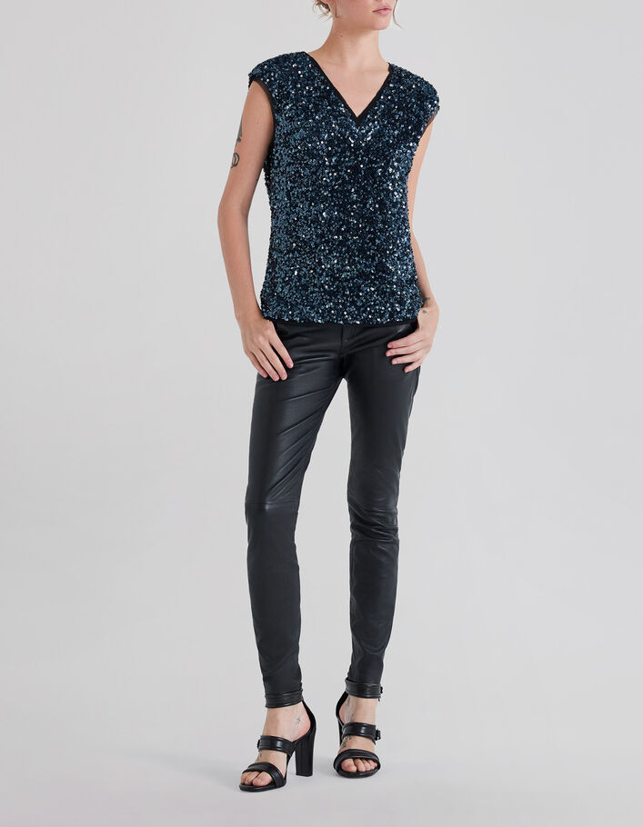 Top azul bordado lentejuelas reversible