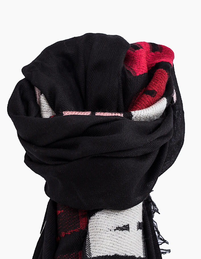 Women’s black embroidered slogan cotton modal fringe scarf