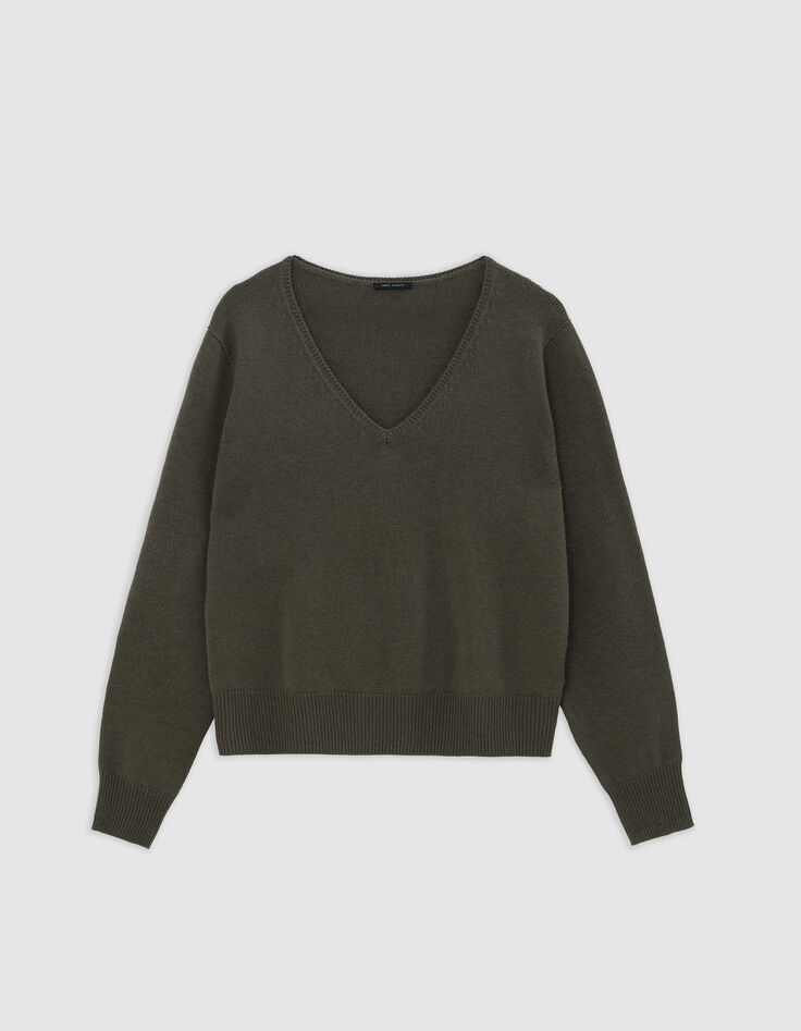 Women's 100% wool V-neck khaki knit sweater