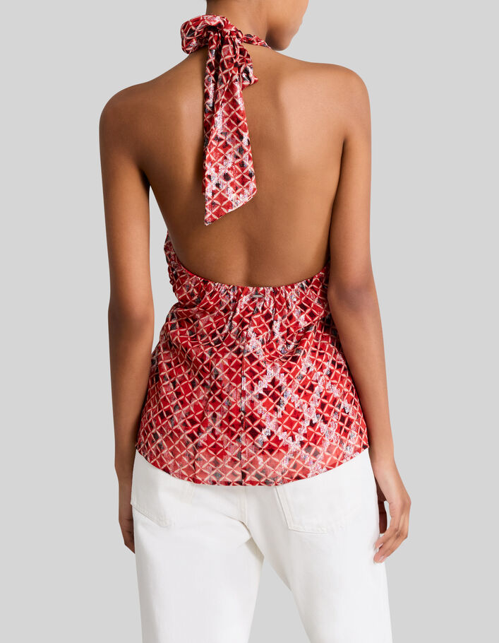 Women’s poppy red backless top with check print