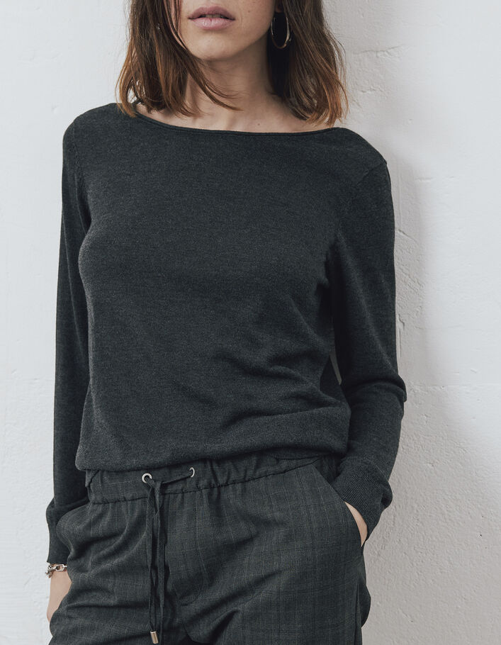 Women’s dark grey sweater with black lace neckline