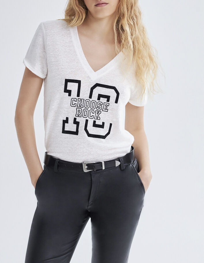 Tee-shirt écru en maille de lin à message Femme