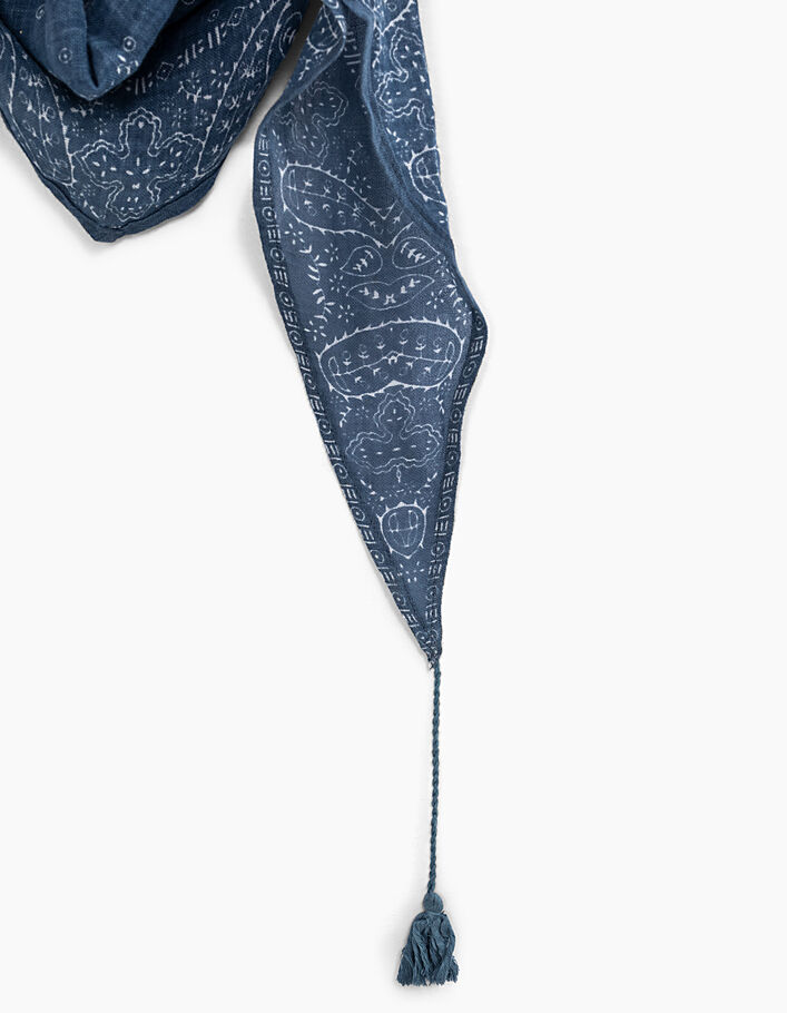 Women’s bandana print fine linen scarf with braids tassels