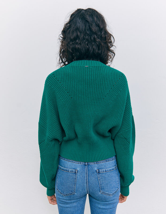 Pull vert encolure V tricot fantaisie Femme