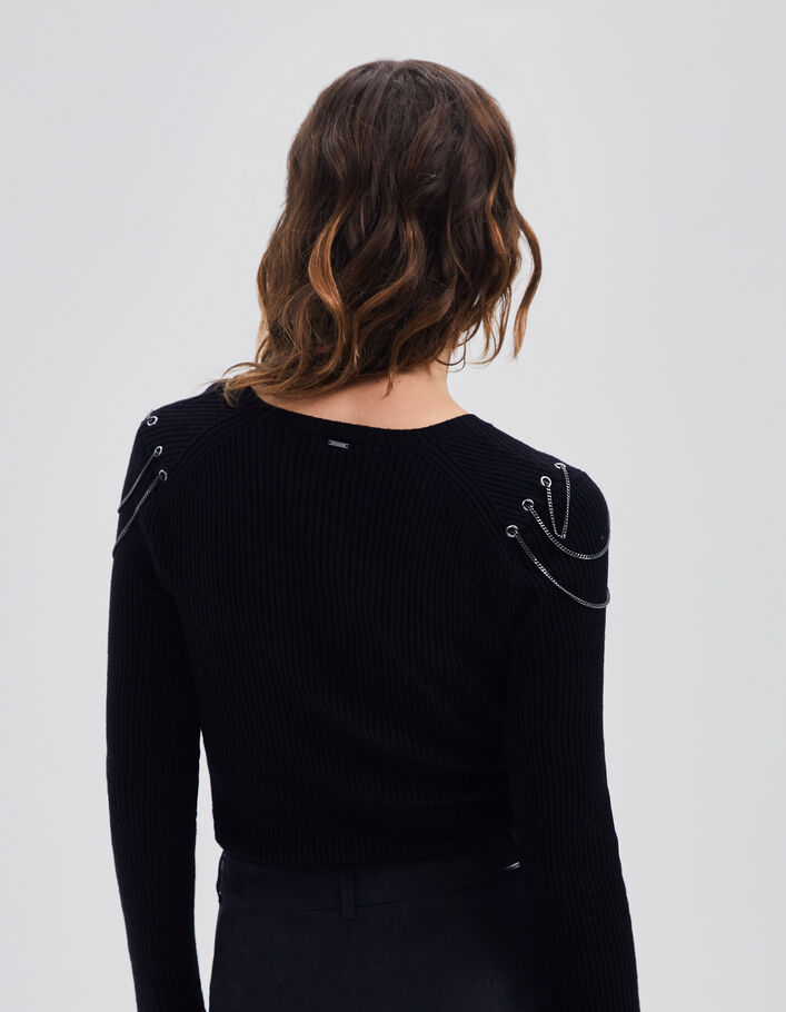 Women’s black ribbed knit sweater with chains on shoulders