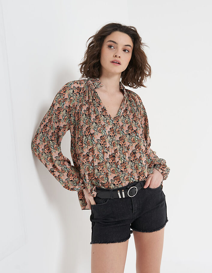 I.Code copper plant print pleated blouse