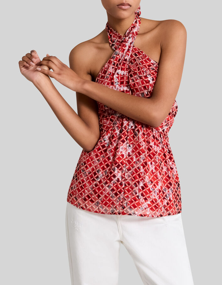 Women’s poppy red backless top with check print