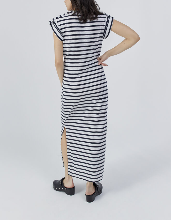 Marineblaues, langes Damenkleid mit Matrosenstreifen