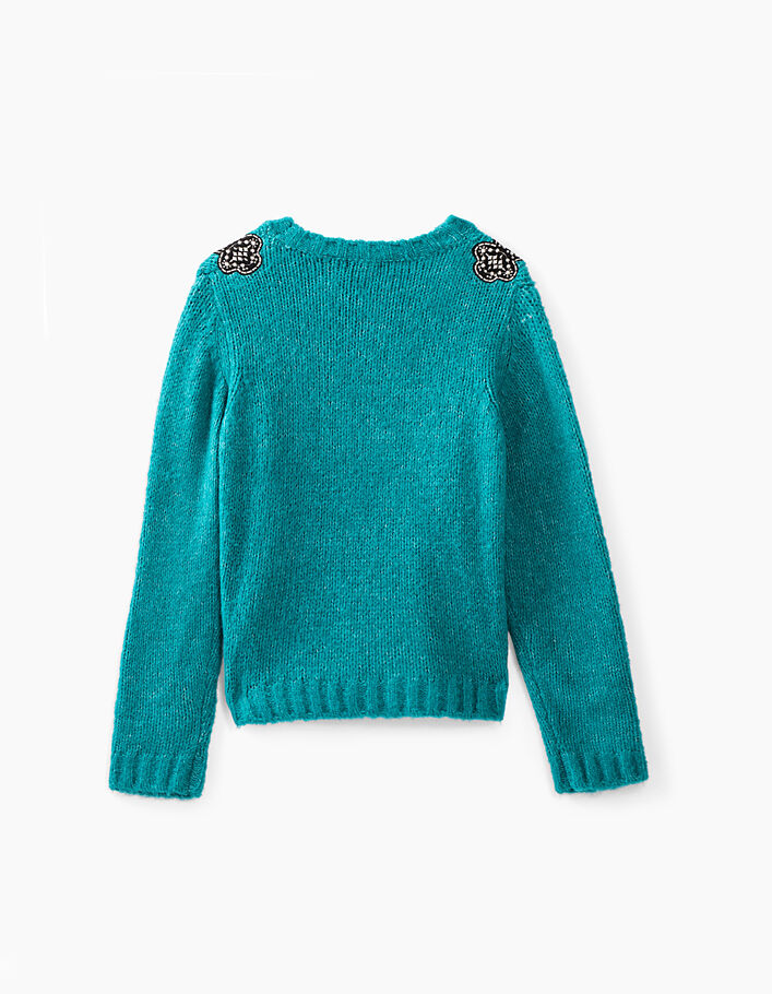 Girls’ teal blue embroidered shoulder patch knit sweater