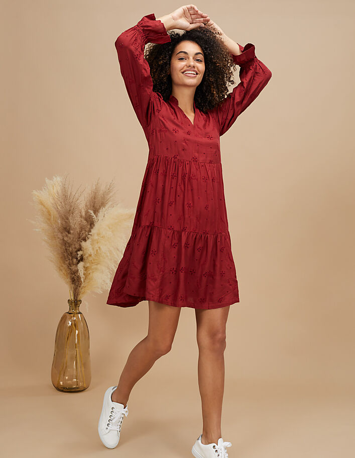 I.Code garnet red dress with ruffles & eyelet embroidery
