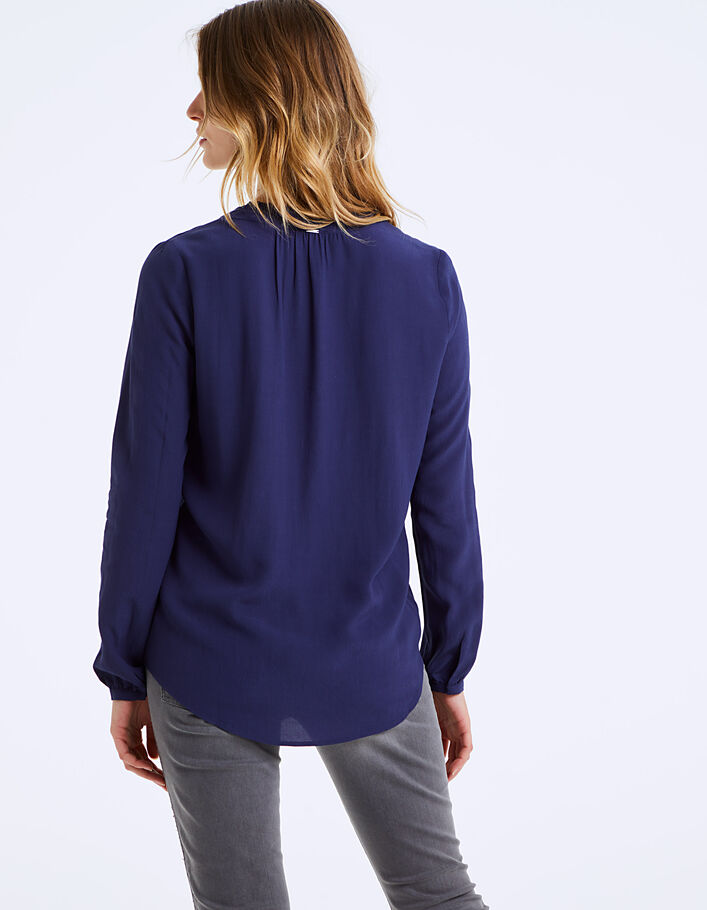 Women's navy viscose crêpe ruffle collar blouse