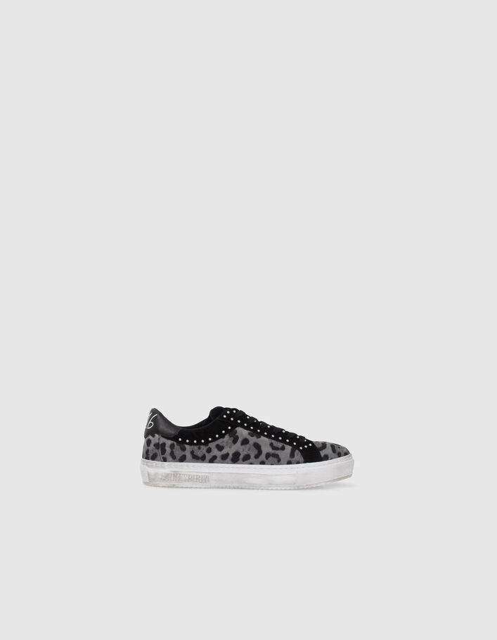 Women’s black leopard motif suede studded trainers