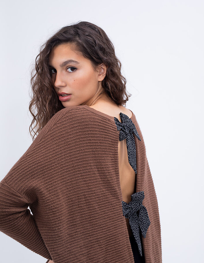 I.Code cognac ribbed sweater with bows on back